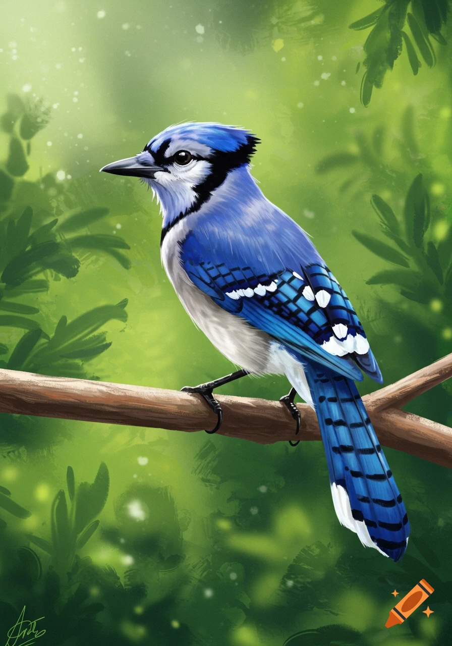 Digital painting of a blue jay perched on a branch with a green background. on Craiyon