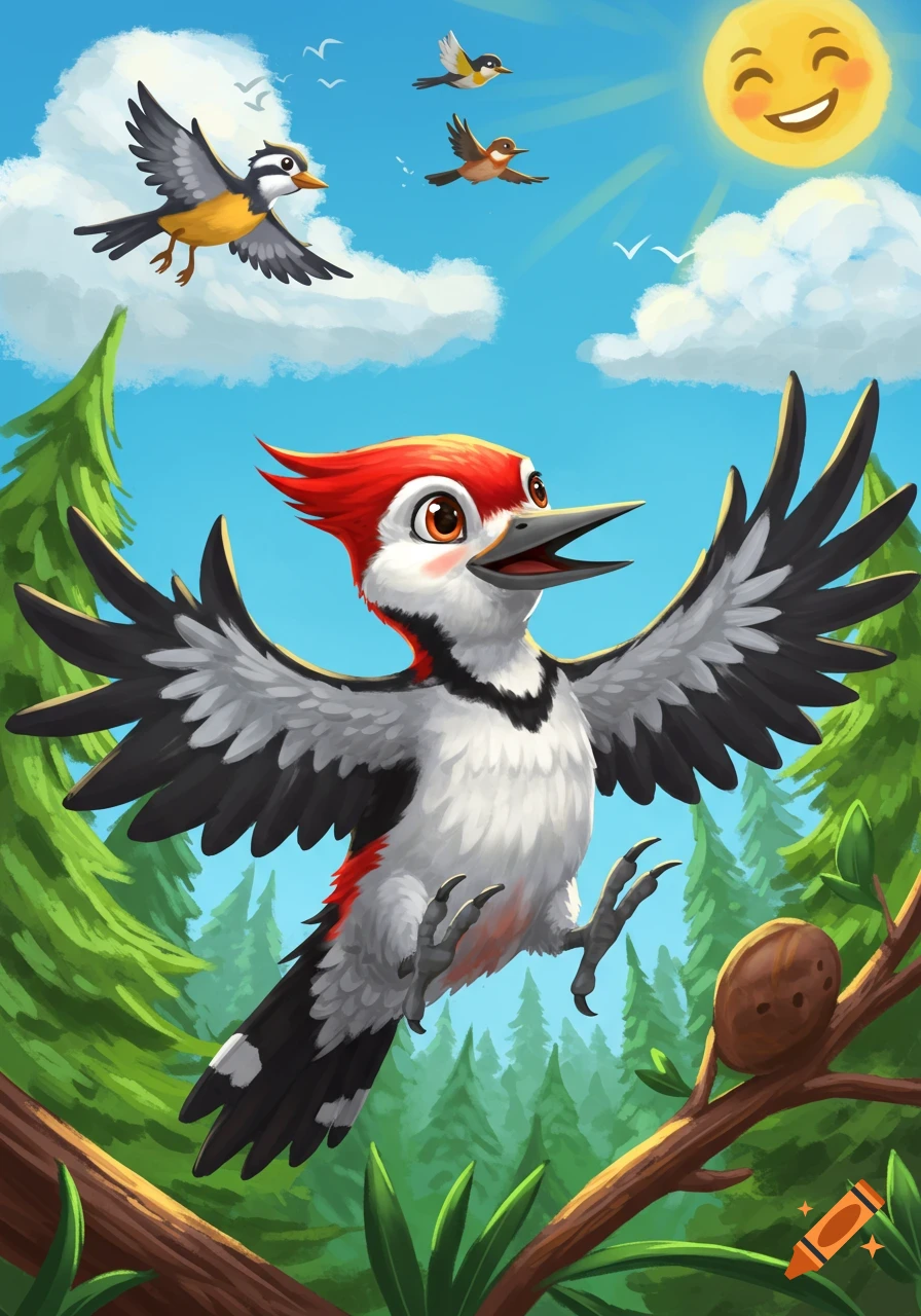 Cartoon illustration of a woodpecker flying with other birds and a ...