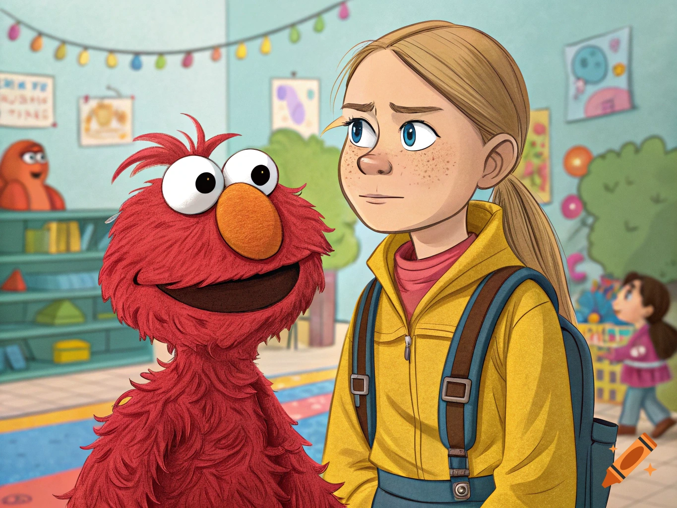 Cartoon of Elmo next to a girl with a backpack in a classroom. on Craiyon