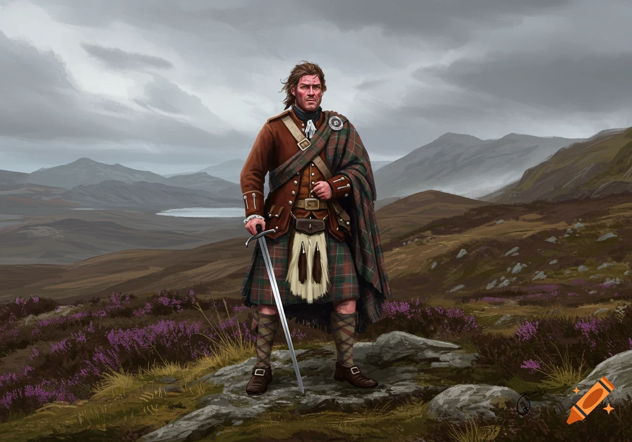 Scottish Highlander in kilt holding a sword on a misty hilltop on Craiyon