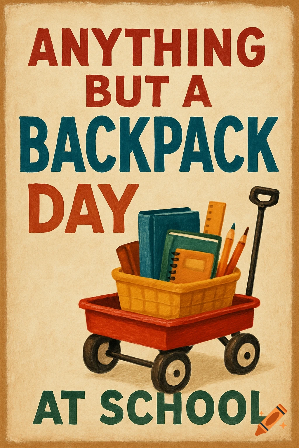 Poster promoting Anything But a Backpack Day at school, showing a wagon ...