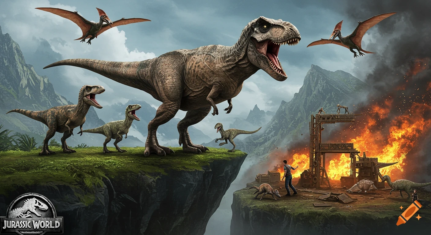 A T-Rex roars on a cliff overlooking a fiery scene with raptors ...