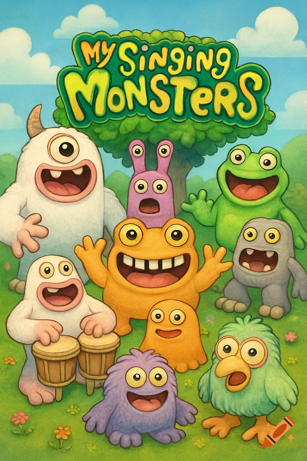 Illustration of several colorful cartoon monsters from My Singing Monsters in a grassy field. on ...