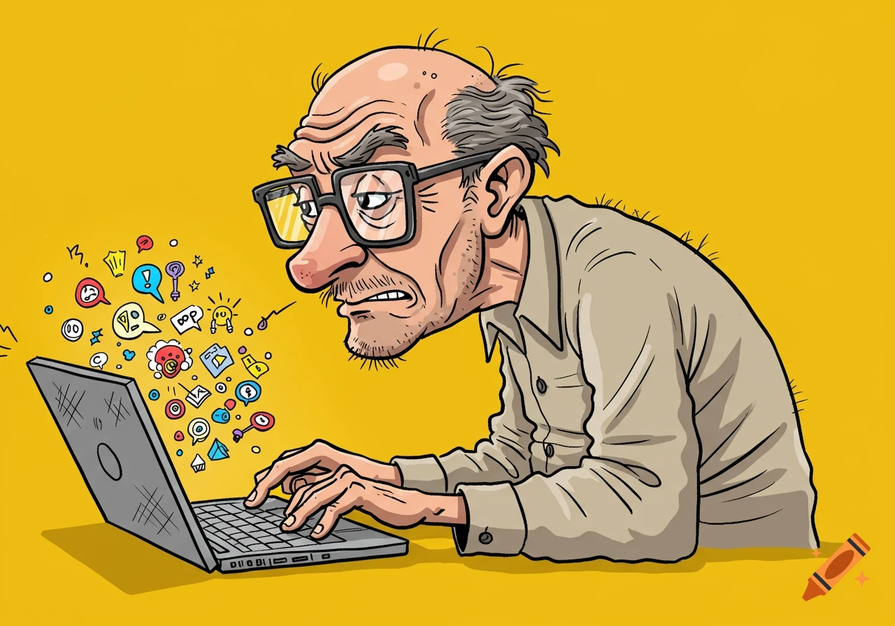 Cartoon illustration of a balding man with glasses intensely looking at ...