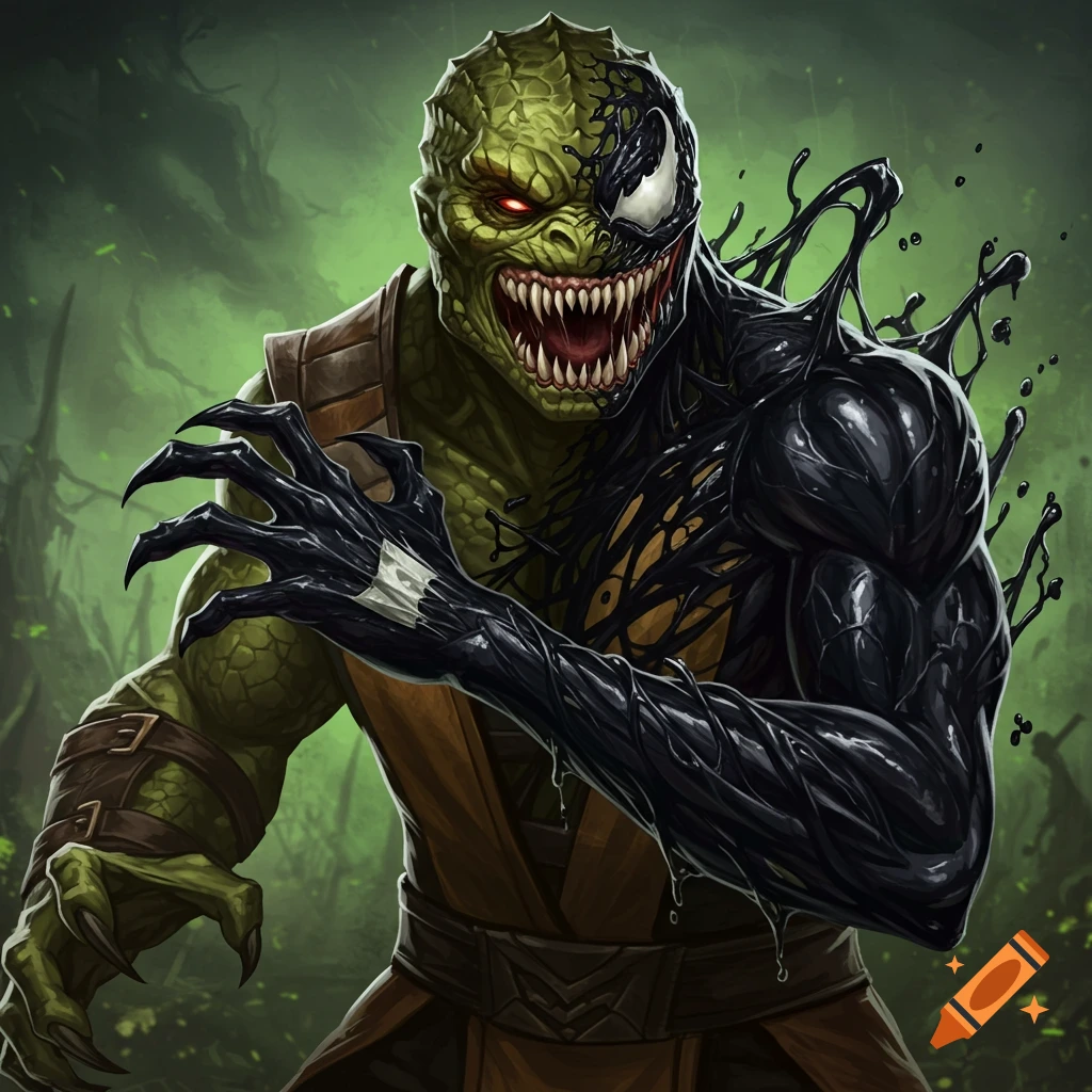 A green lizard creature merging with a black symbiote, showing sharp ...