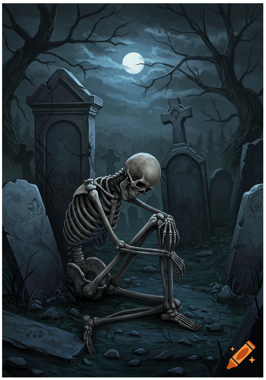 A sad skeleton sits slumped over in a moonlit cemetery. on Craiyon