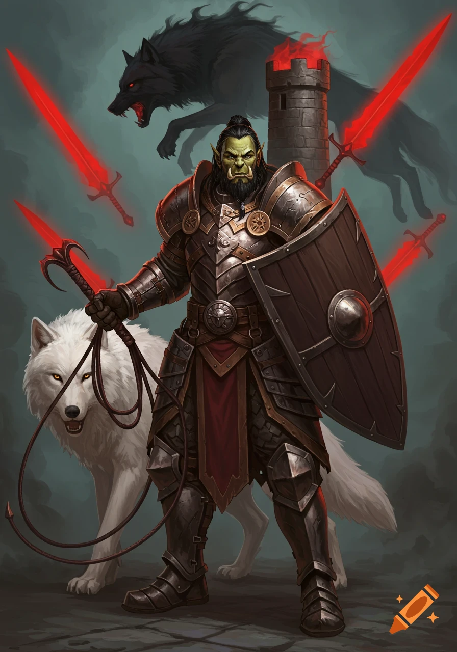 An armored orc holding a whip and shield, stands with a white wolf ...