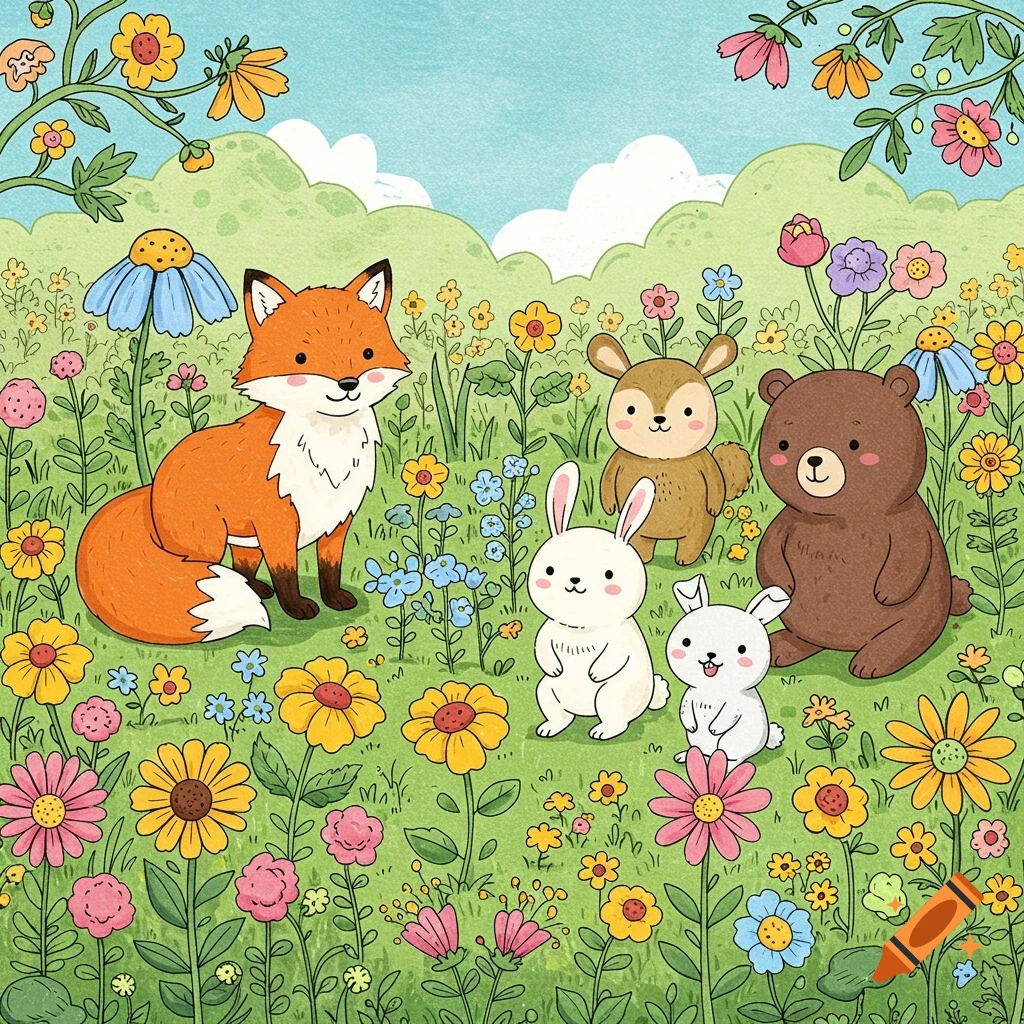 Cartoon illustration of a fox, bear, deer, and rabbits in a field of ...