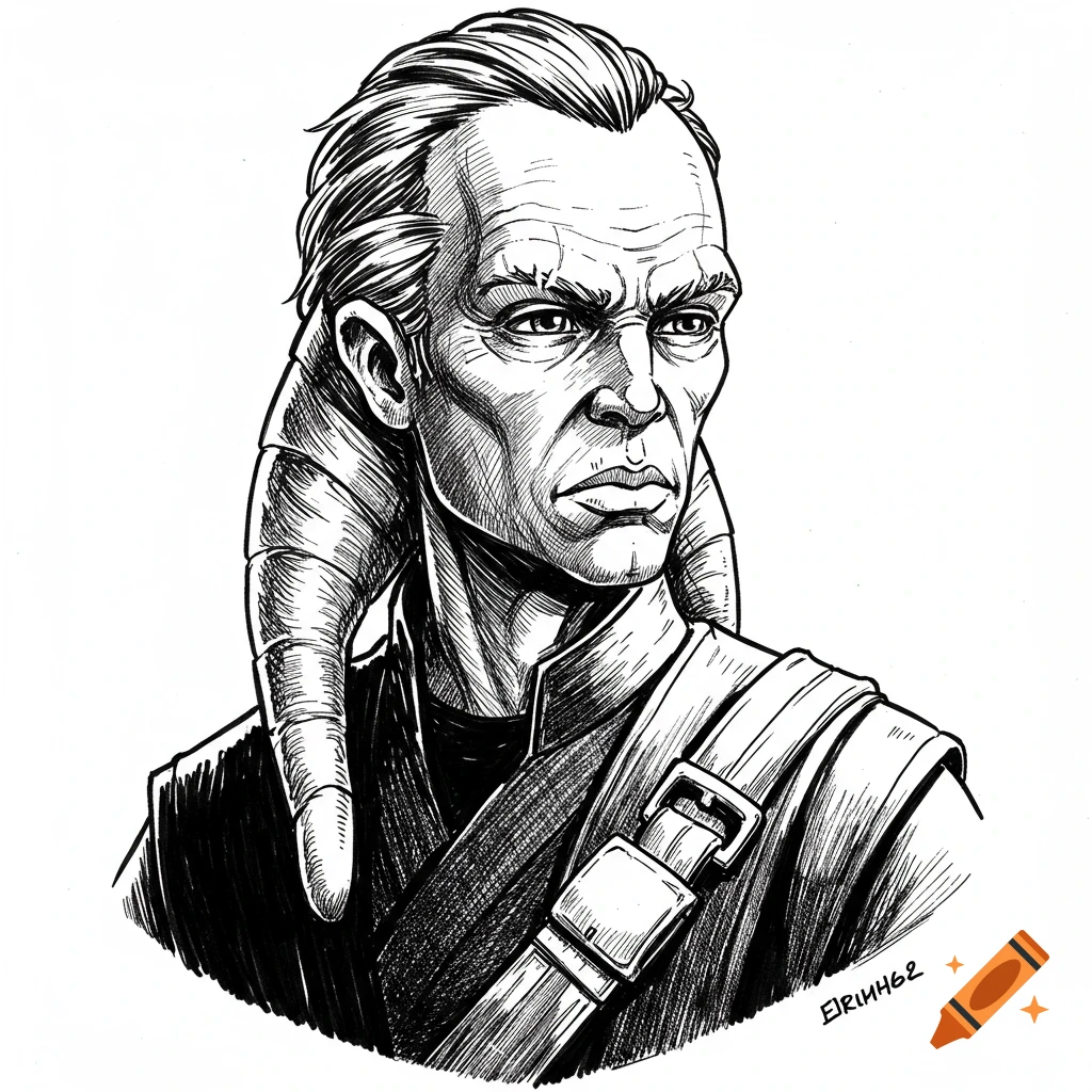 Black and white pen and ink portrait of a male fantasy character with ...