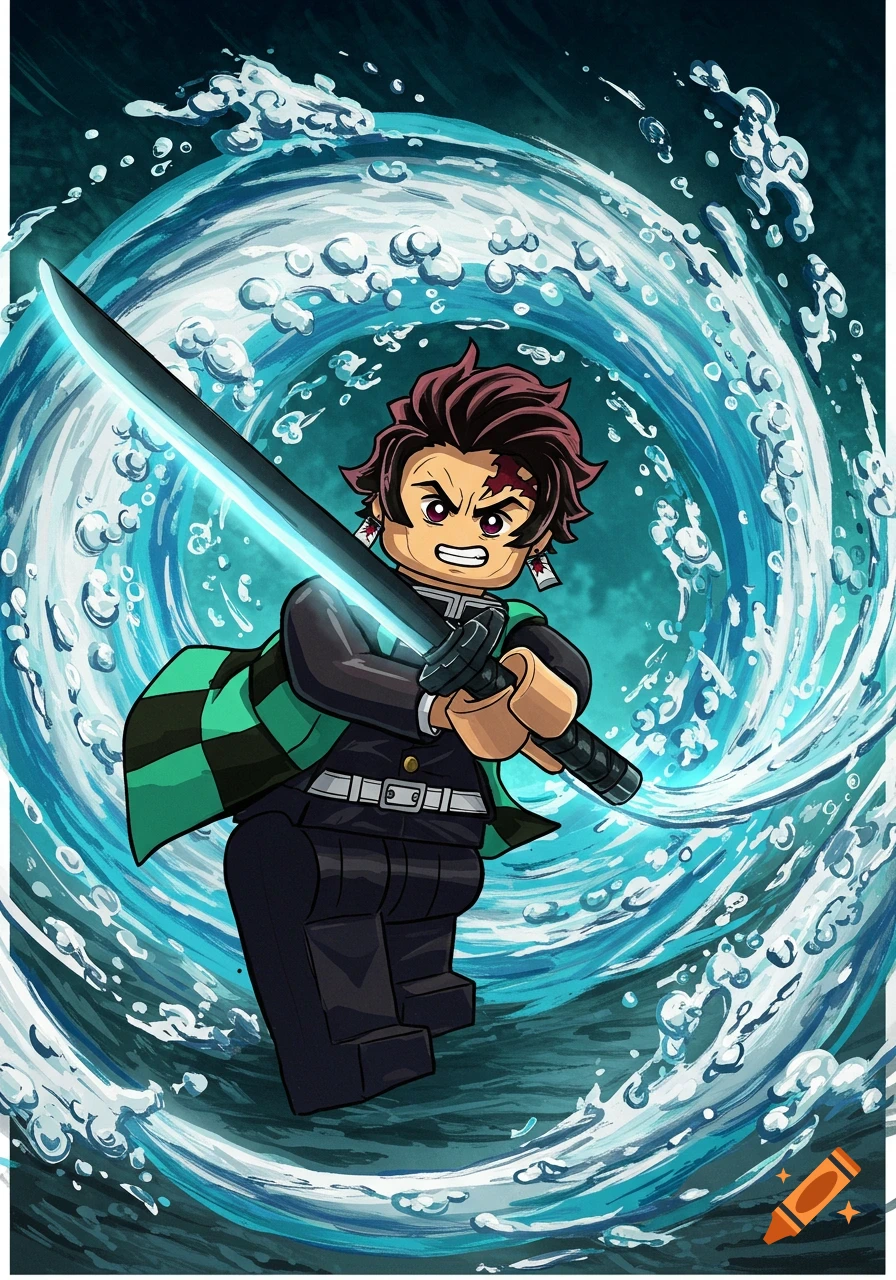 Lego Tanjiro from Demon Slayer wielding a glowing sword amidst swirling ...