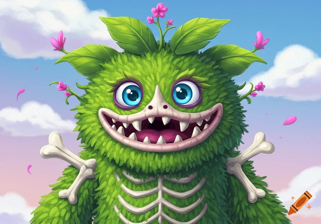 A cartoonish green fluffy monster with bones, leaves, and pink flowers ...