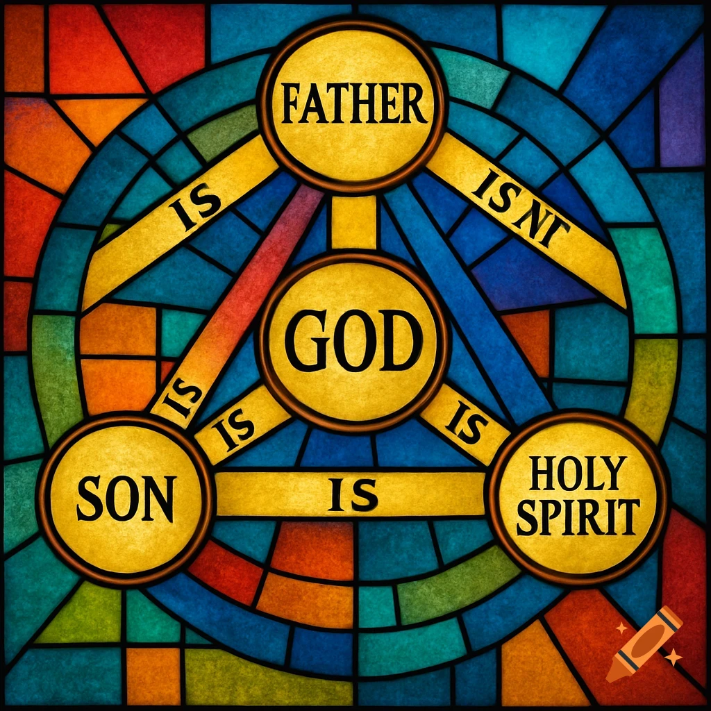 Colorful, modern stained glass depiction of the Shield of the Trinity ...