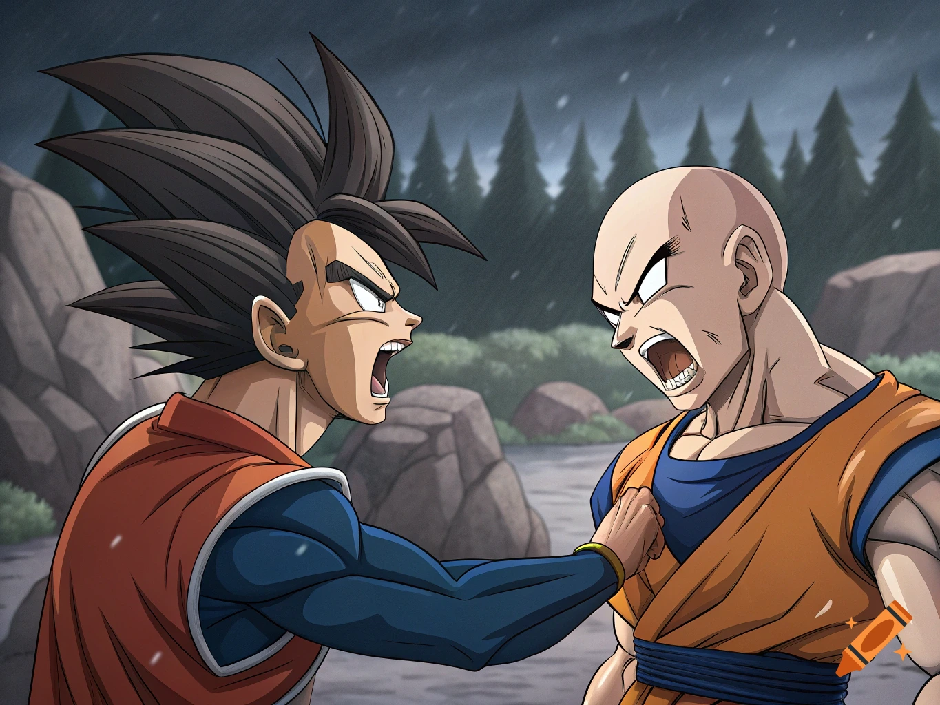 Two anime characters yelling at each other in a stormy outdoor setting ...