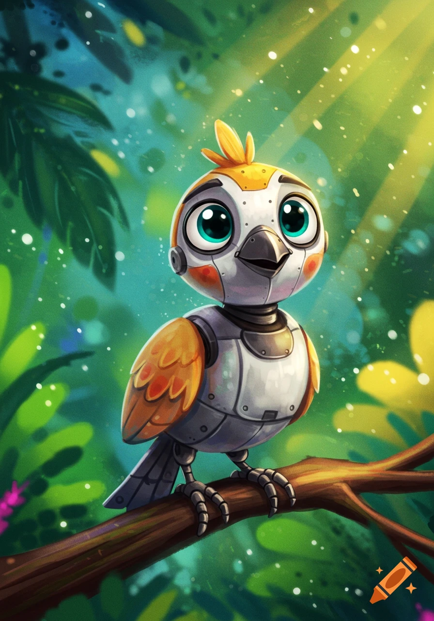 Cartoon robot bird with big eyes sits on a branch in a sunny jungle. on ...