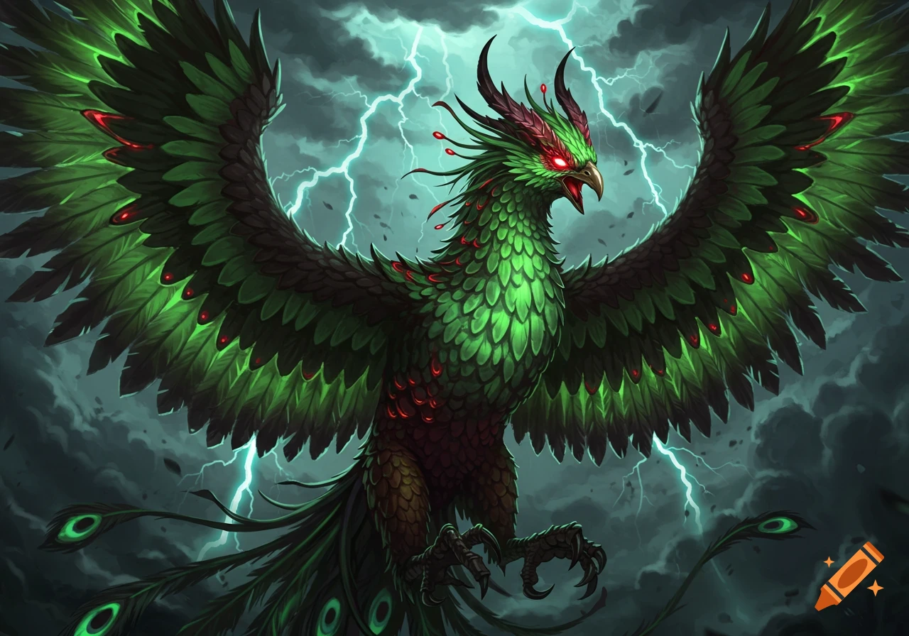 A green and black phoenix with red eyes and glowing feathers flies in a ...