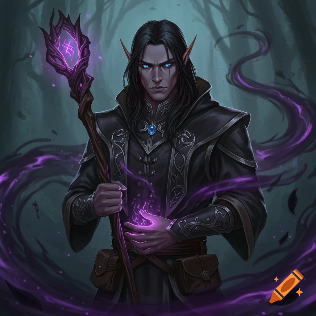 A male dark elf mage with dark hair and blue eyes, holding a staff with ...