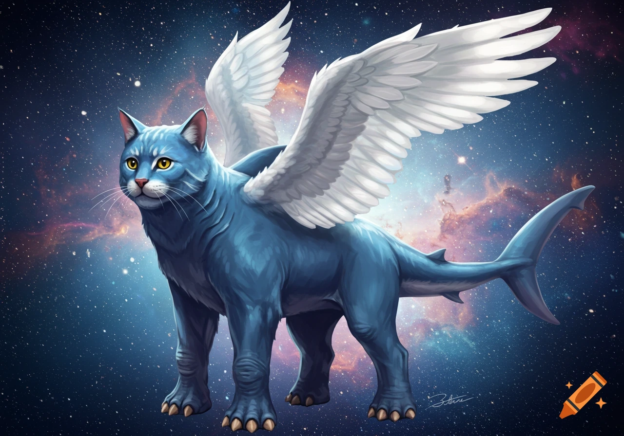 A blue cat-headed creature with a shark body, wings, and legs stands in ...
