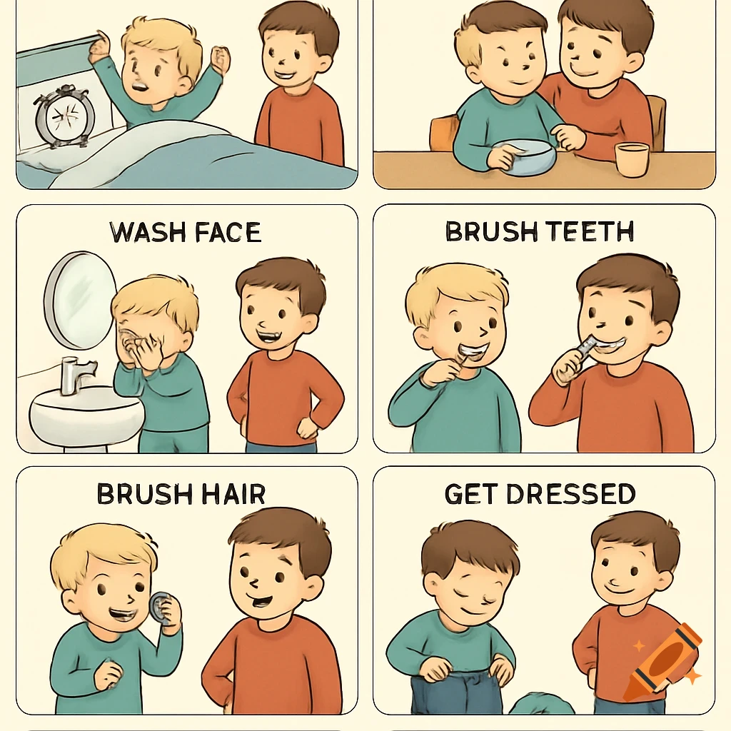 Cartoon illustration showing panels of two boys doing morning routine ...