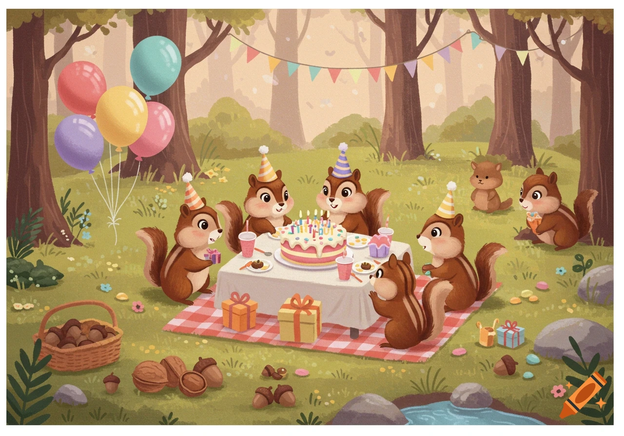 Cartoon chipmunks celebrate a birthday party in a forest with cake ...
