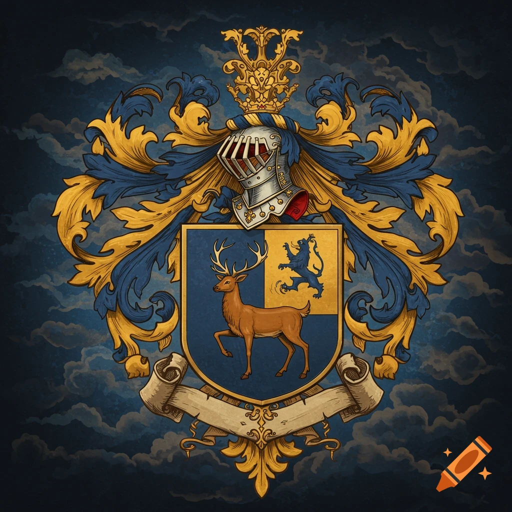 An ornate family crest illustration with a shield showing a deer and a ...