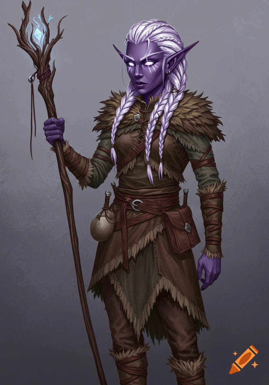 Illustration of a fantasy elf druid with purple skin, white braided ...