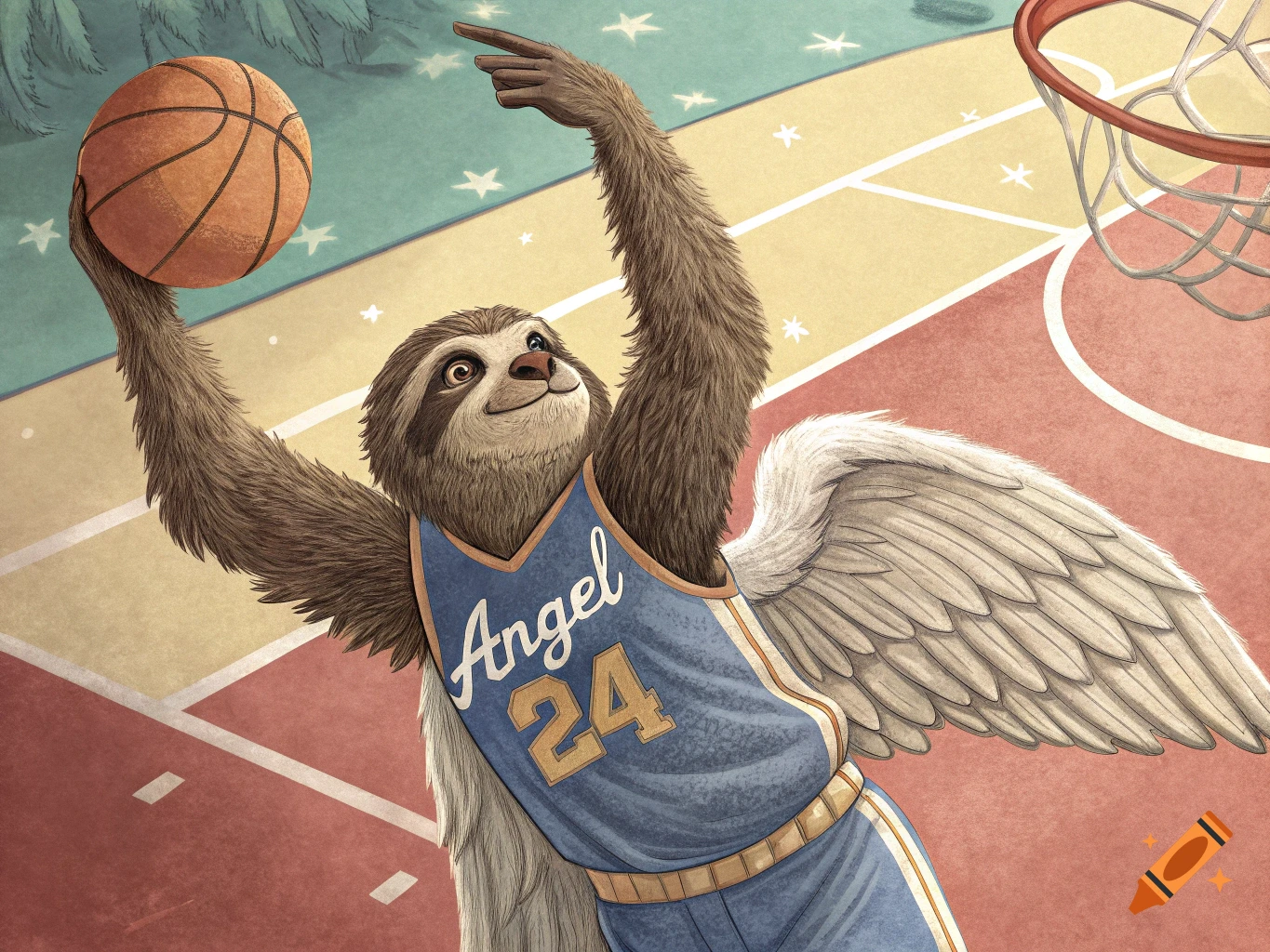 A sloth with wings in a blue jersey dunks a basketball on a court. on ...