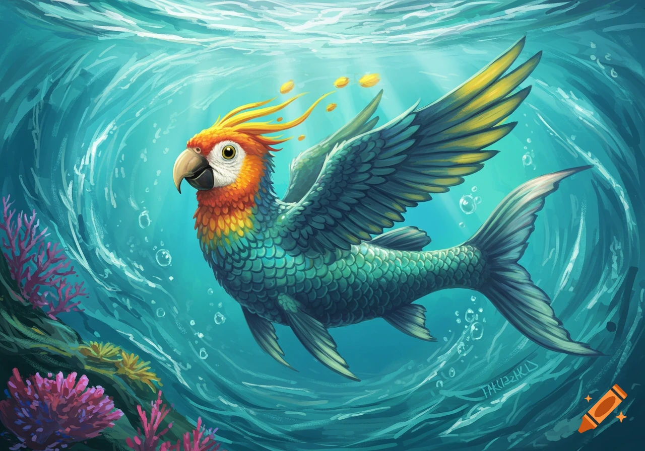 A colorful parrot-fish creature swims underwater among coral. on Craiyon