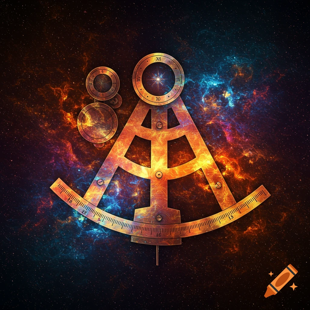 A detailed golden sextant navigates a cosmic background filled with ...