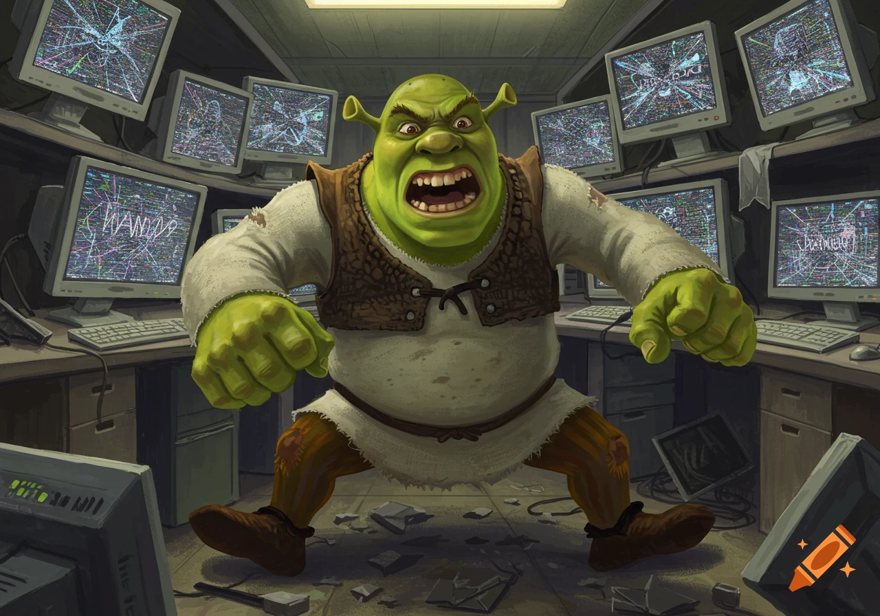 Shrek having a temper tantrum in a room surrounded by glitching ...