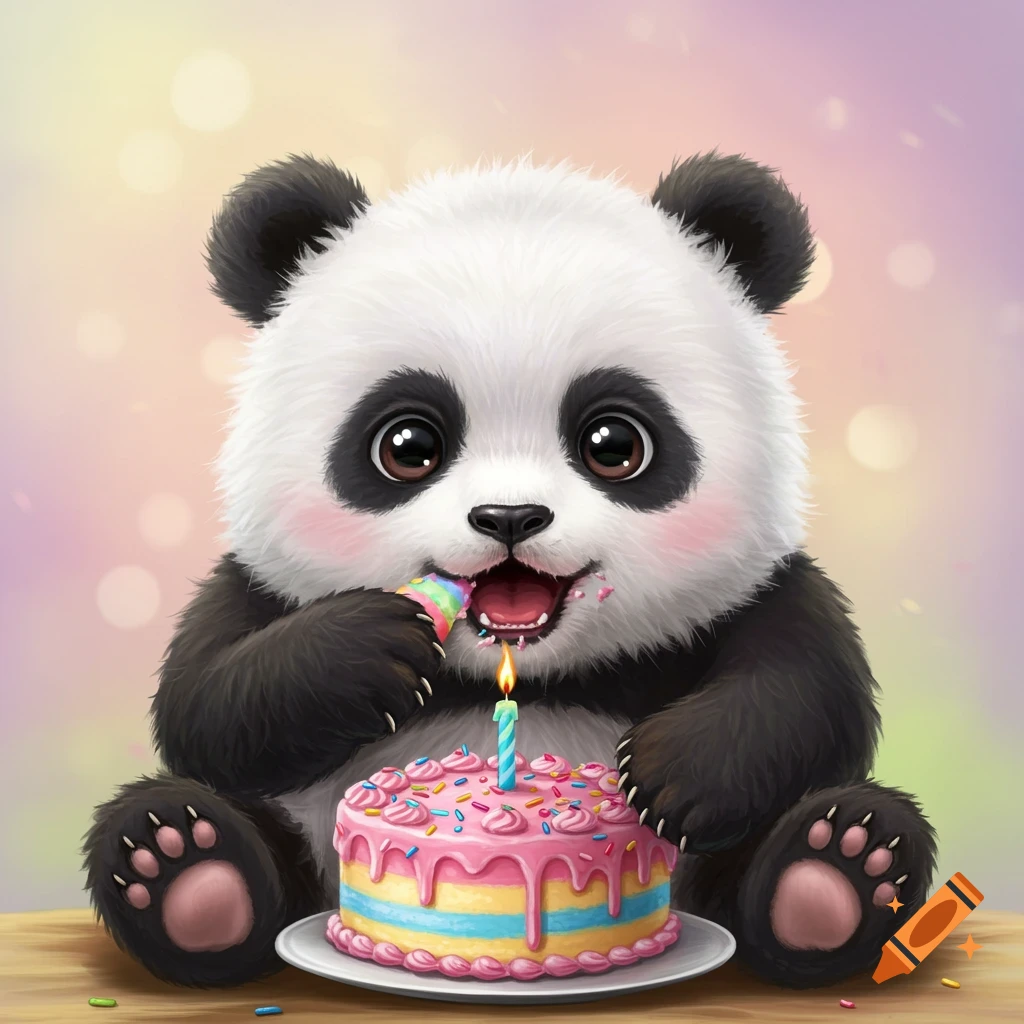 Cute baby panda sits eating a slice of birthday cake with sprinkles and ...