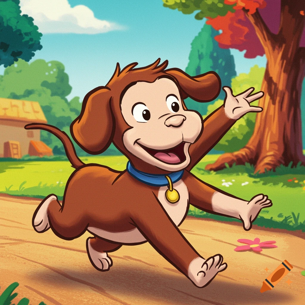 A brown cartoon dog, Hundley from Curious George, runs and waves with a ...