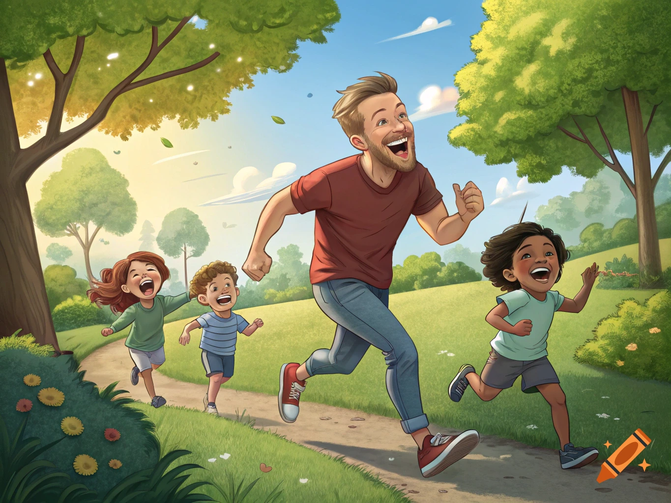 Illustrative scene of a man running happily with three children in a ...