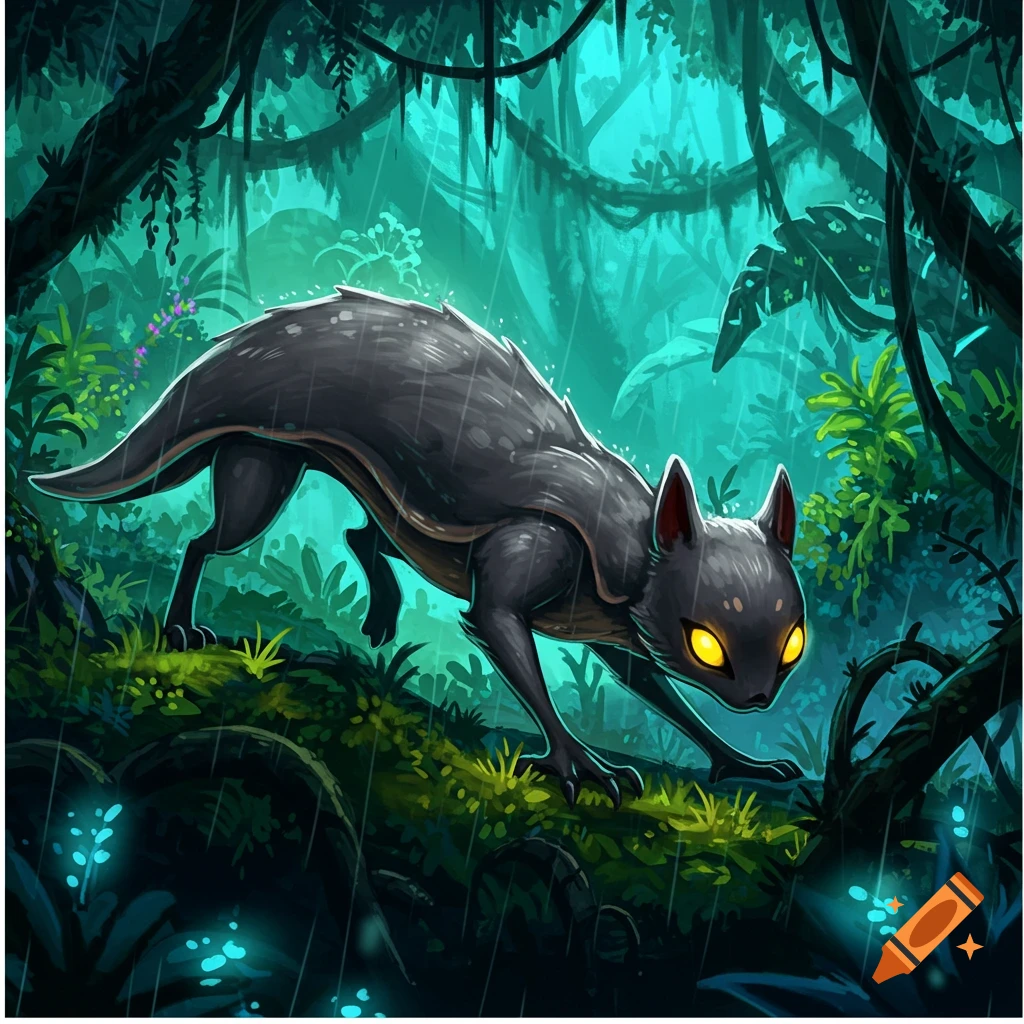 A black creature with glowing yellow eyes stands in a rainy jungle. on ...
