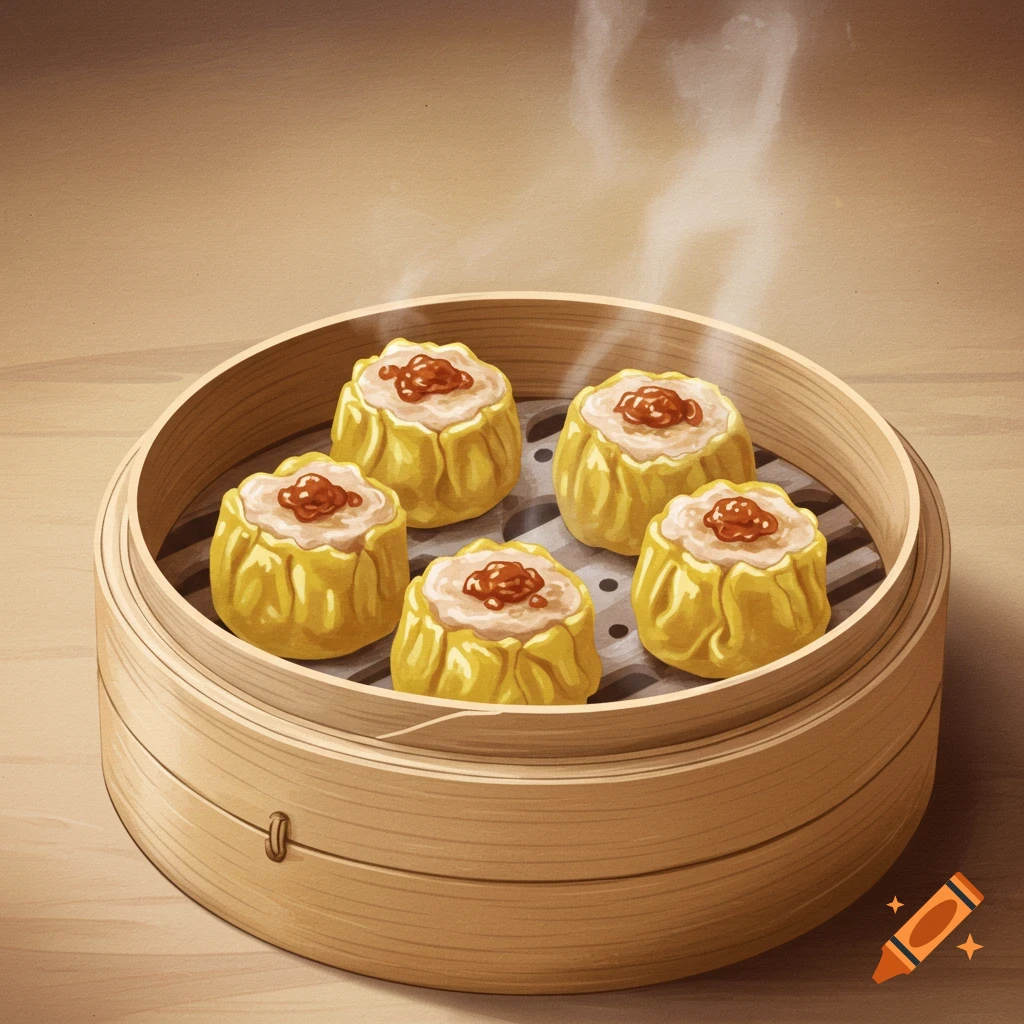 Illustration of five pork Sui Mai dumplings steaming in a bamboo basket. on Craiyon