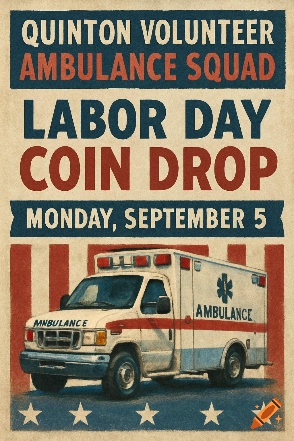 A retro-style poster for a Labor Day coin drop featuring text and an ...
