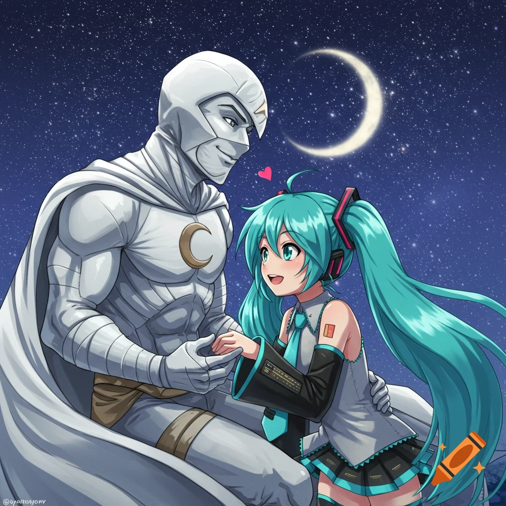 Illustration of Moon Knight and Hatsune Miku holding hands under a ...