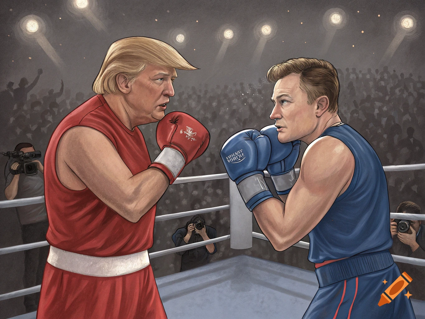 Illustration of Donald Trump and Elon Musk boxing in a ring on Craiyon