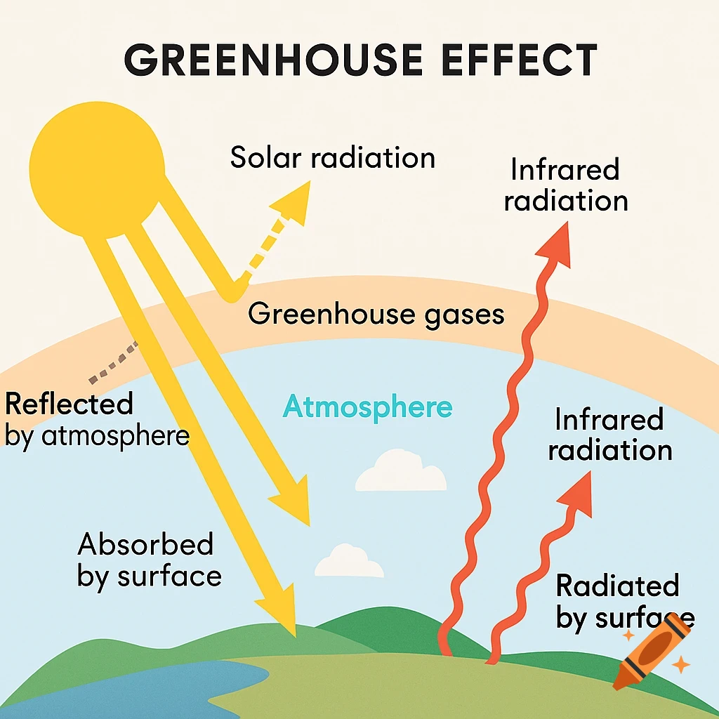 A diagram illustrating the greenhouse effect, showing solar radiation ...