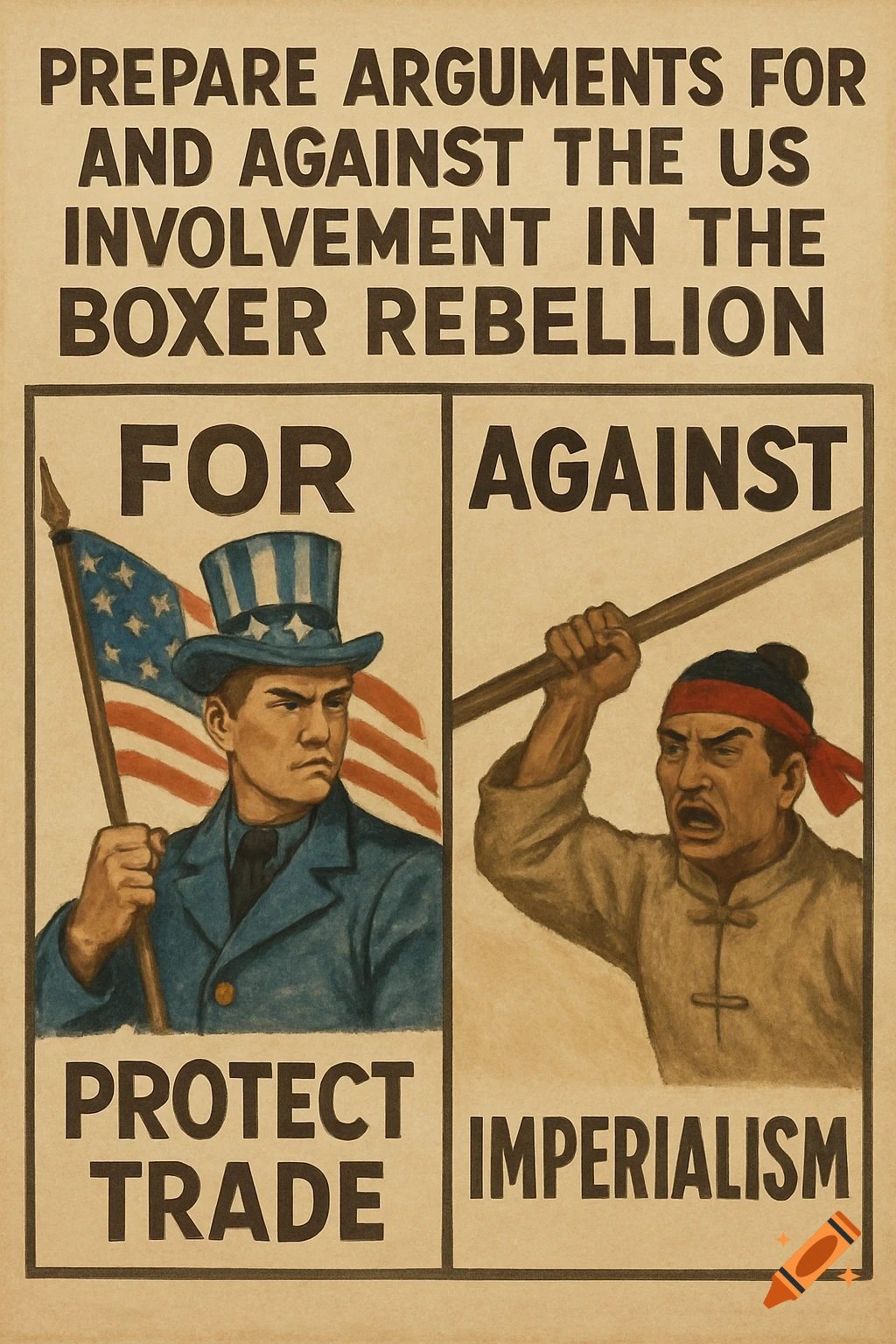 Propaganda poster for Boxer Rebellion, shows US figure vs Boxer figure ...