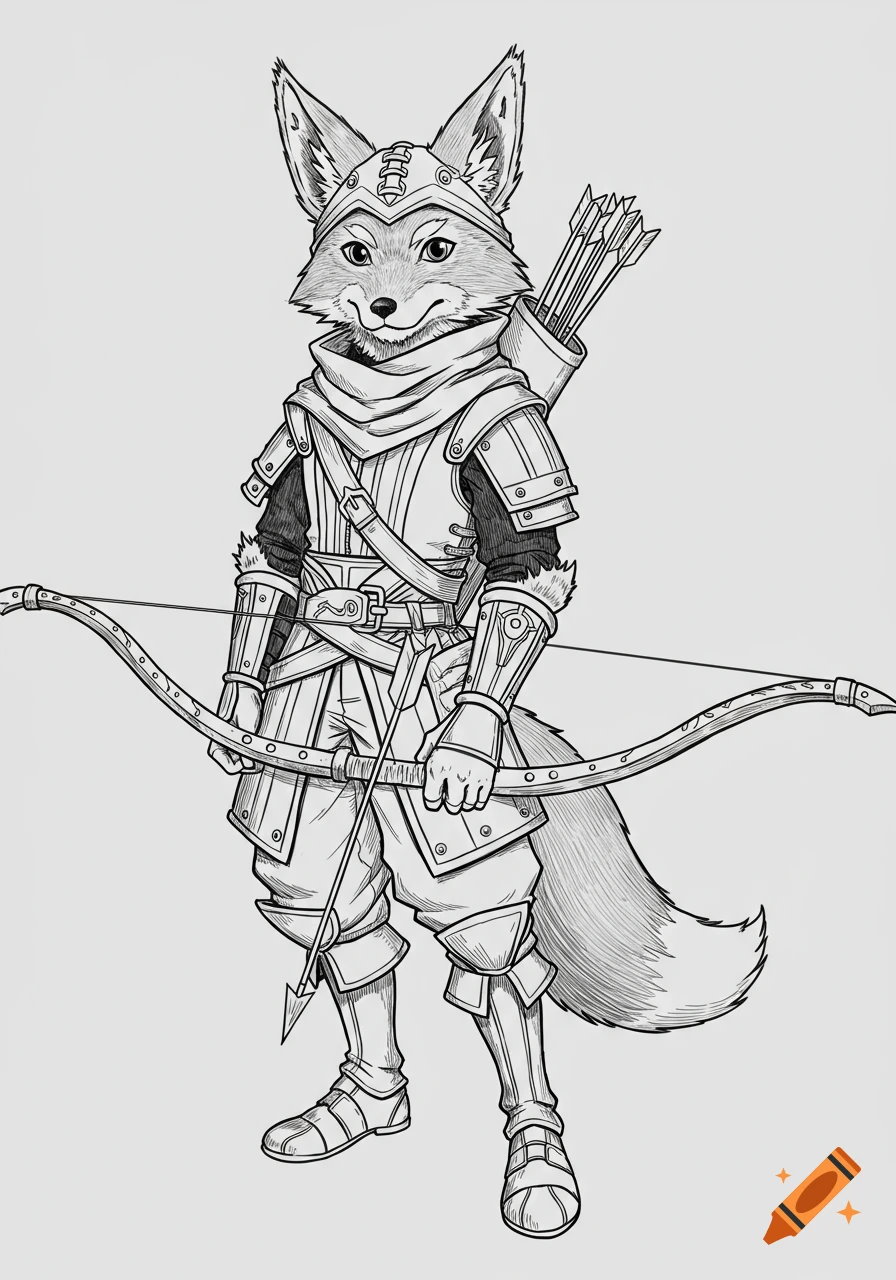 Black and white line art drawing of an anthropomorphic fox archer in ...