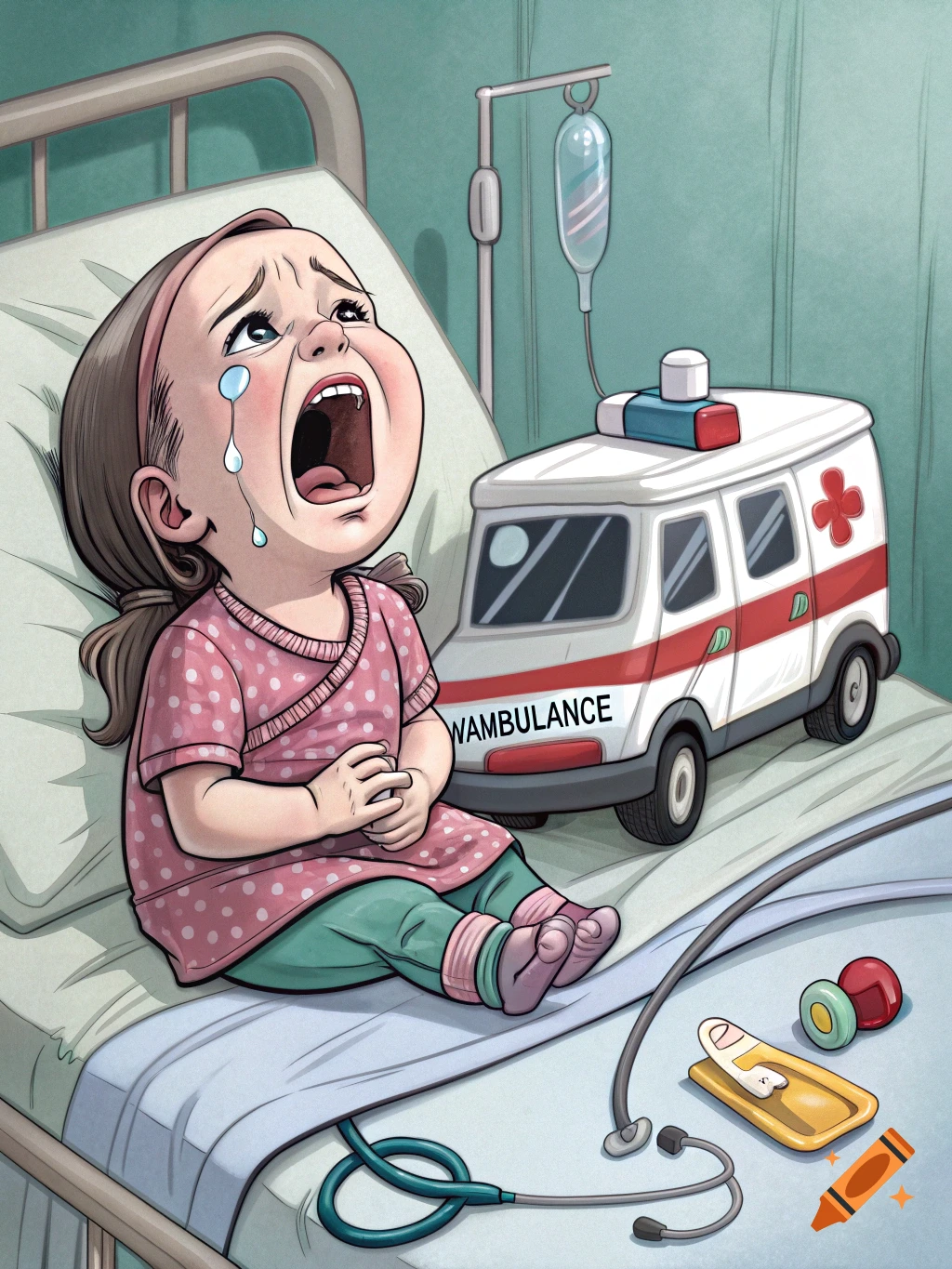 Cartoon illustration of a crying child sitting on a hospital bed next ...