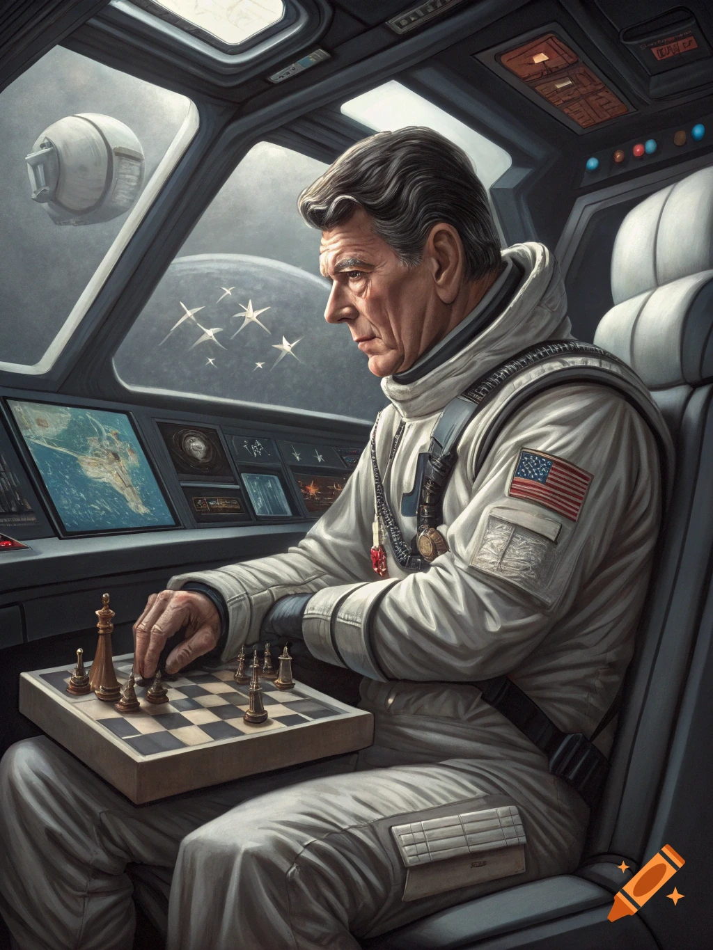 A man in an astronaut suit plays chess in a spaceship cockpit, looking ...