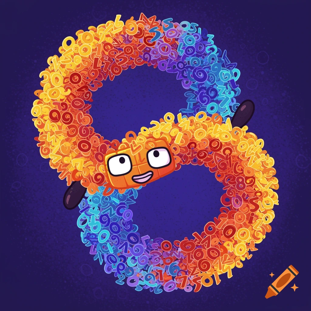 A cartoon character made of colorful numbers forms an infinity symbol ...