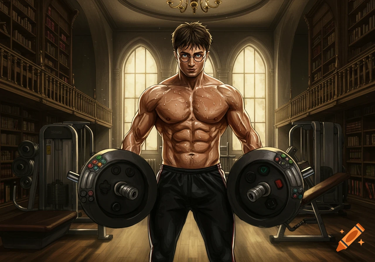 Illustration of a muscular Harry Potter lifting game controller weights ...