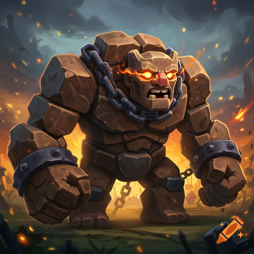 Stylized stone golem creature with glowing eyes and chains in a fiery ...