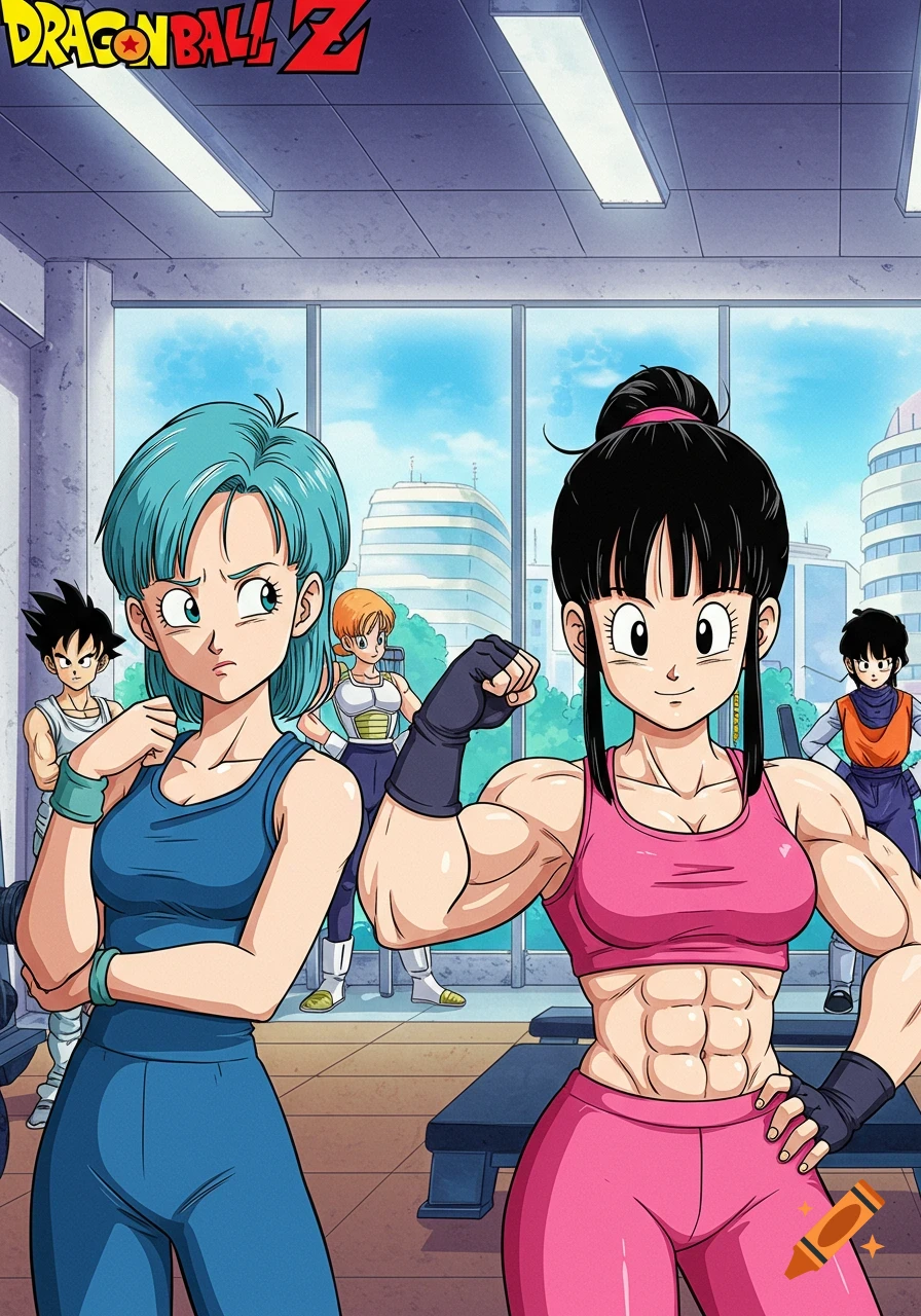 Bulma looks on as Chi-Chi flexes her muscles in a gym. Anime style. on ...