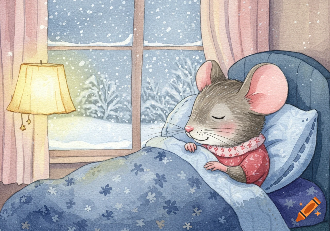 Watercolor painting of a cozy mouse sleeping in bed while snow falls ...