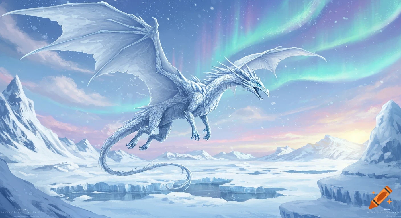 Ice dragon flying over a frozen landscape with mountains and aurora in ...
