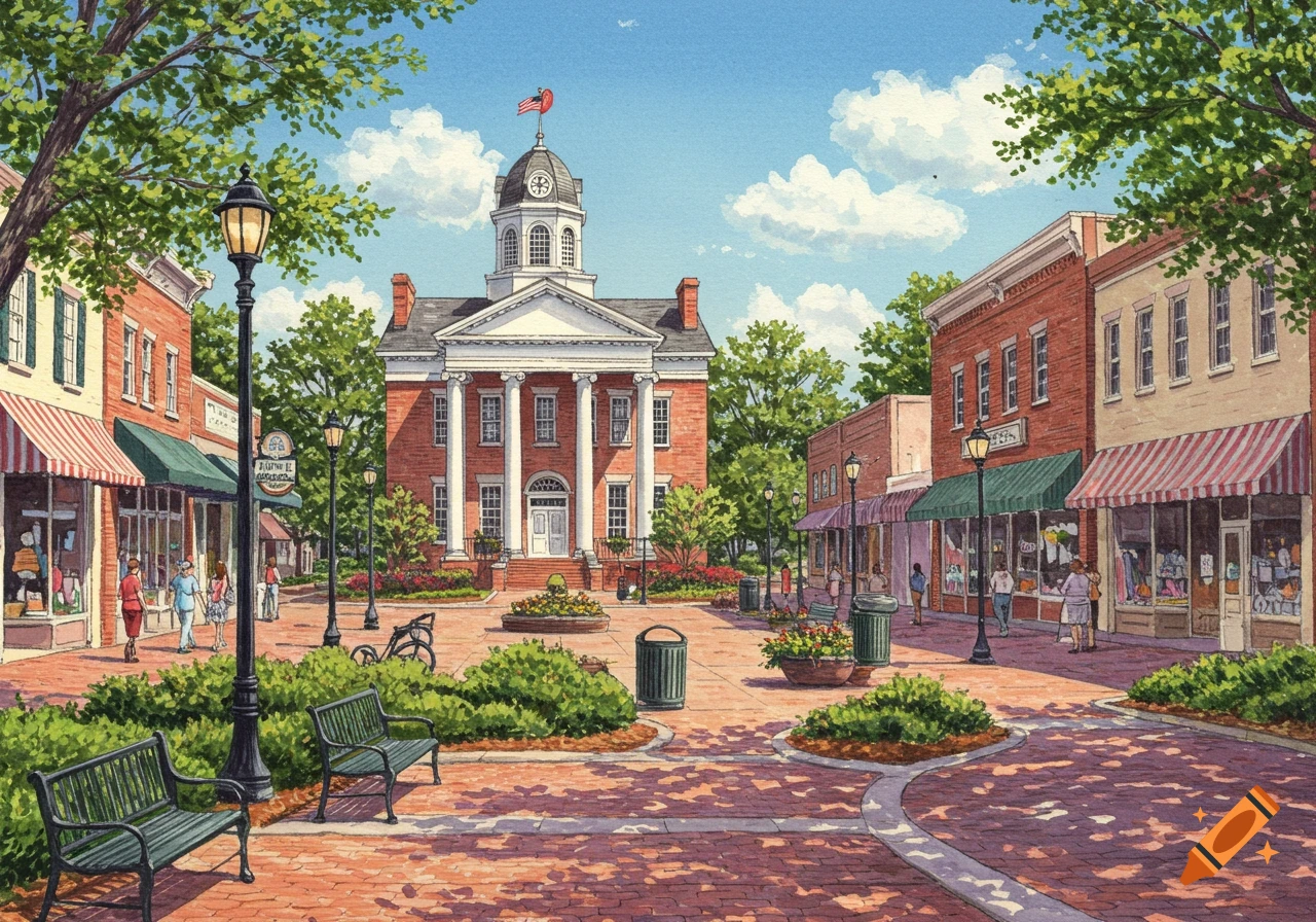 Illustration of a small town square with a courthouse, shops, trees ...