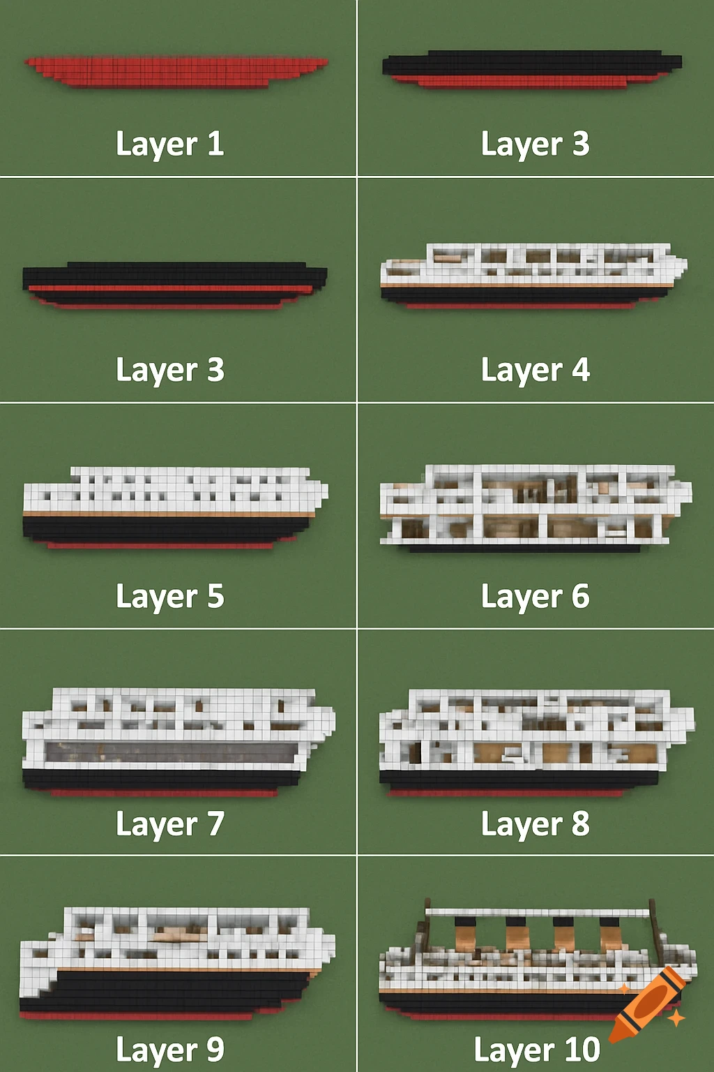 A grid of ten diagrams showing layer-by-layer building instructions for ...